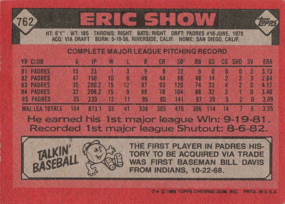 Eric Show San Diego Padres 1986 Topps Baseball Card #762 | eBay