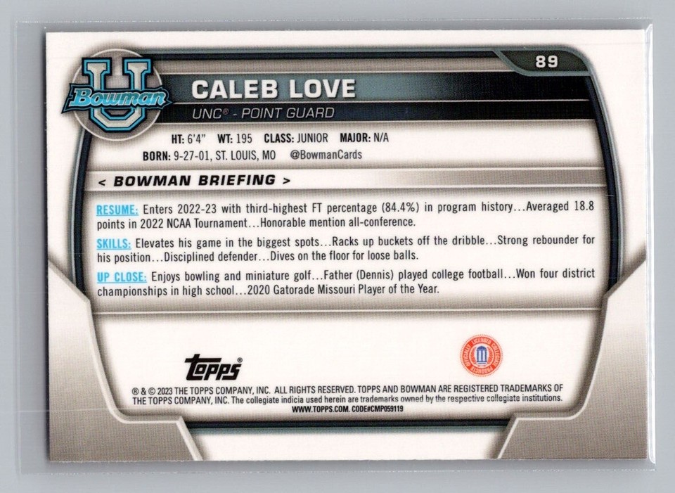 Caleb Love 2022-23 Bowman University Chrome Basketball PINK REFRACTOR ...