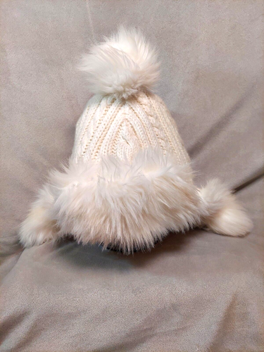 Gap Kids white winter knit cap with faux fur, flaps & pom-poms | eBay