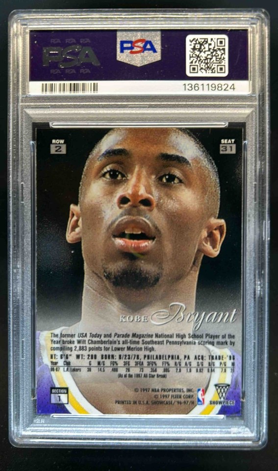 1996-97 Fleer Flair Showcase Kobe Bryant Row 2 Style RC #31 Lakers PSA ...