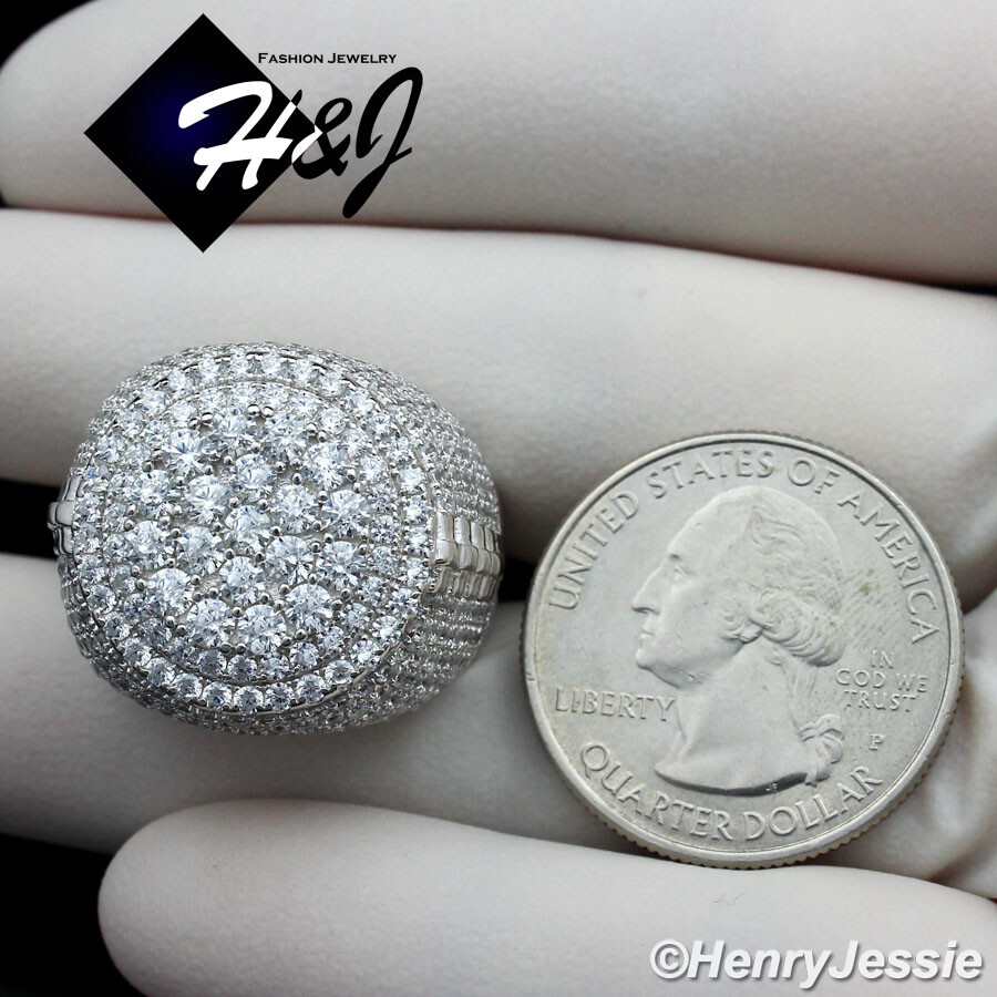 MEN SOLID 925 STERLING SILVER ICY BLING CUBIC ZIRCONIA SILVER ROUND ...