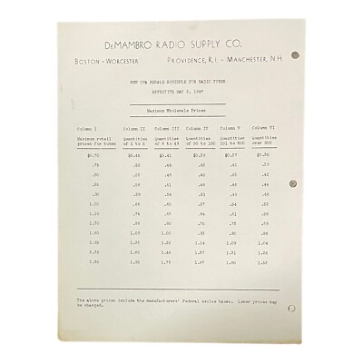 RARE DeMambro Radio Supply Co. 1946 Original Resale Schedule for Radio ...