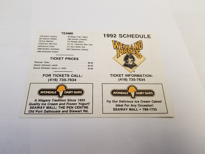 Welland Pirates 1992 Minor Baseball Pocket Schedule - Avondale Dairy ...