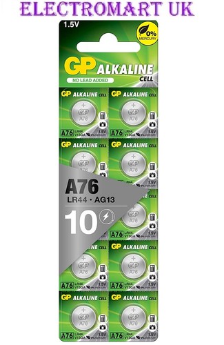 10 X GP 1.5V BUTTON CELL BATTERIES A76 LR44 AG13 PL13 357 L1154 A76F ...