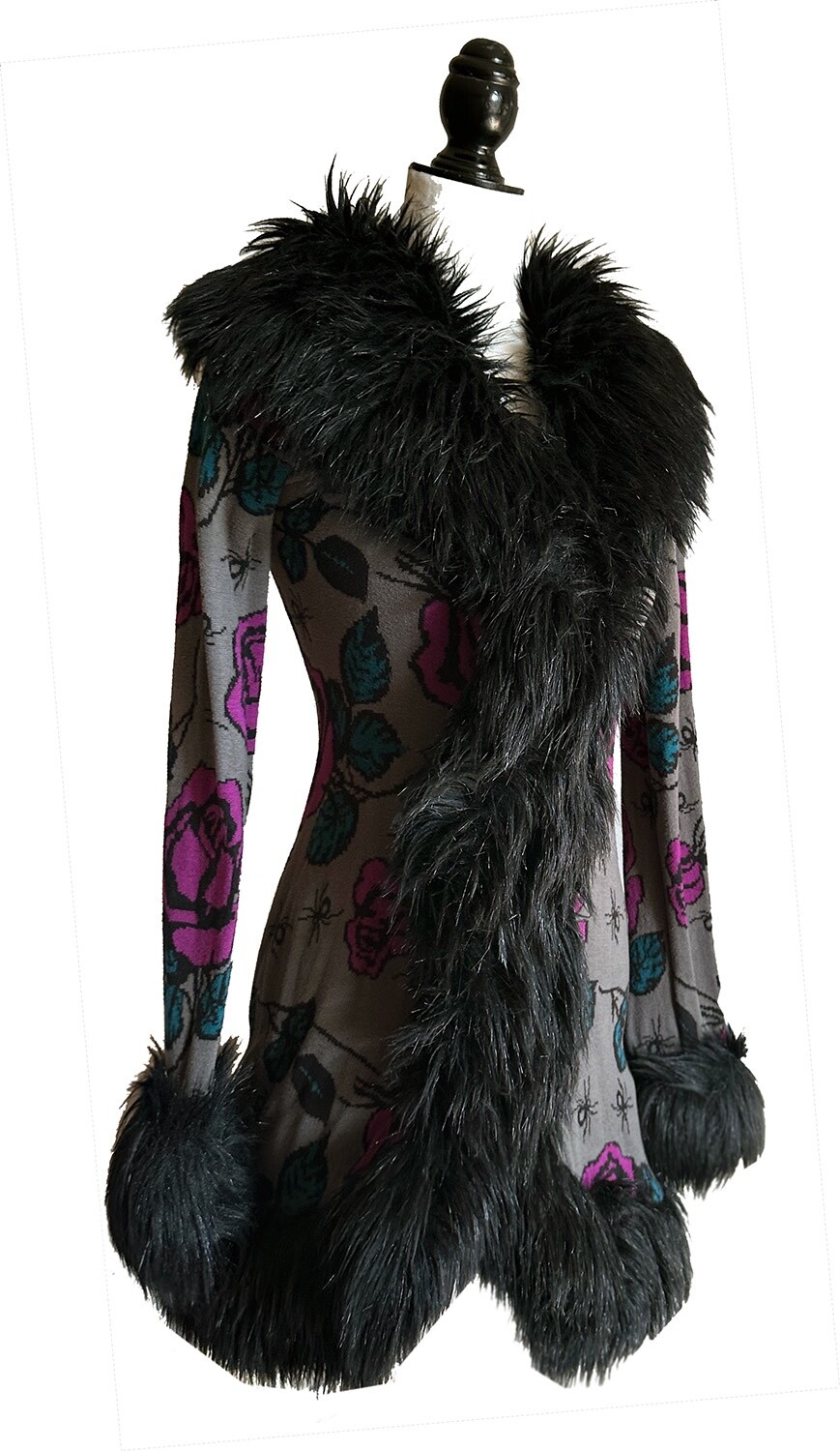 Betsey Johnson Spider Rose Sweater Coat Duster Vintage Faux Fur Purple ...