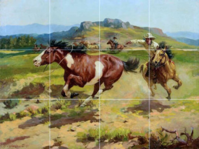 cowboy roping a steer wild horse western adventure ceramic tile mural ...