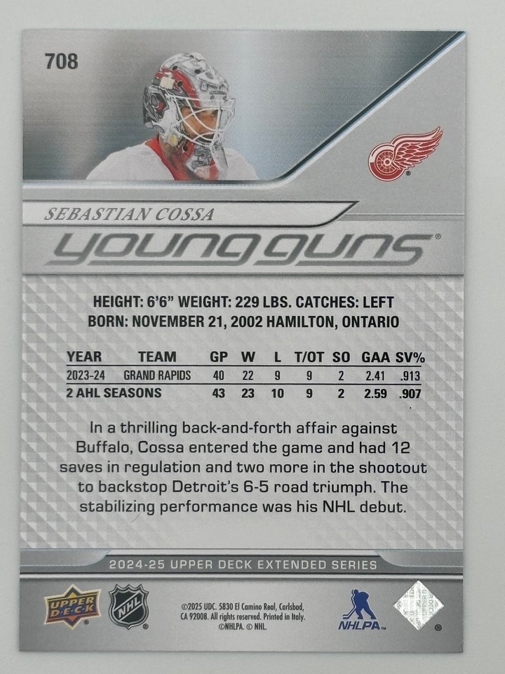 2024-25 Upper Deck Young Guns Sebastian Cossa Rookie Detroit Red Wings ...