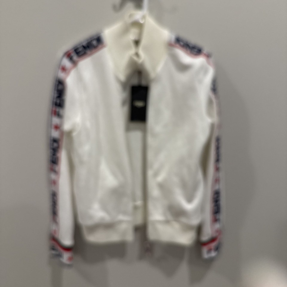 Fendi White Knit Logo Band Trim Zip-Up Track Jacket | eBay