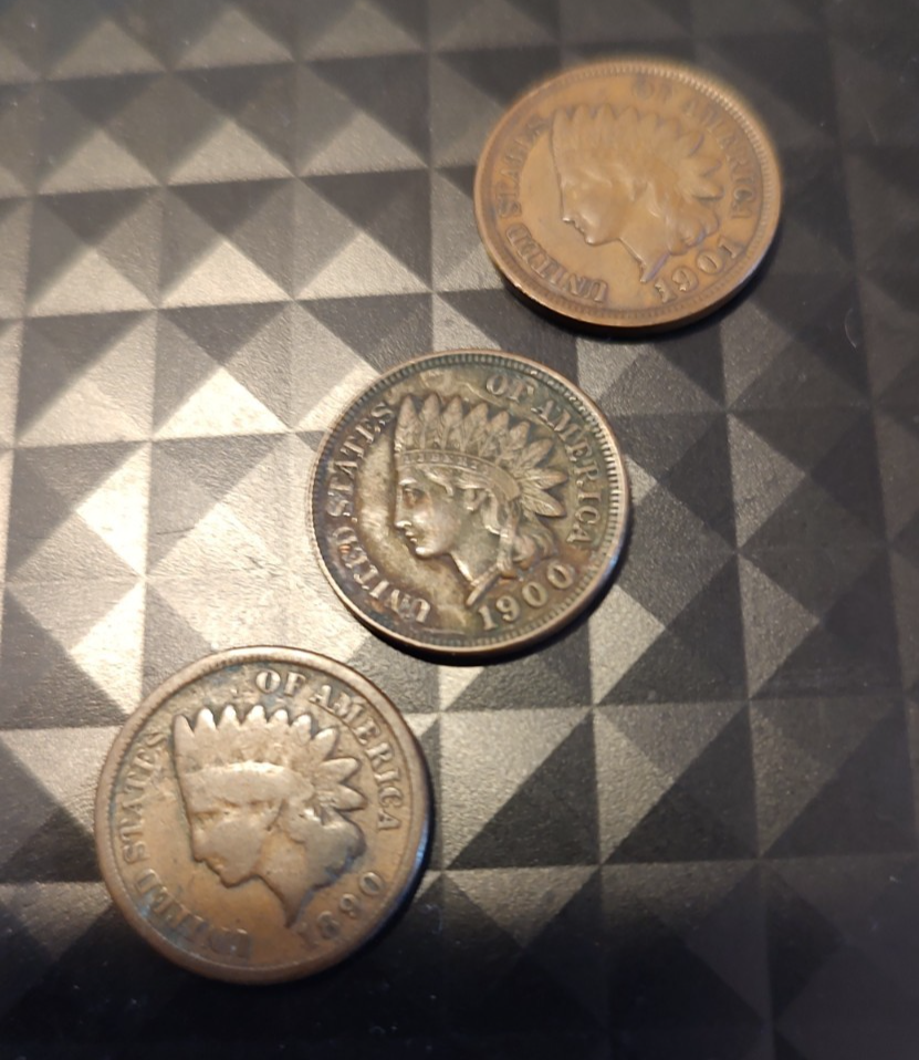 Lot of Three Indian Head One Cent Pennies Coins 1890, 1900, 1901 ...