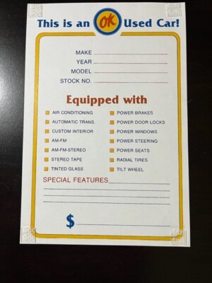 OK Used Car Options Sheet 1957 Chevy, GTO, LAMINATED, | eBay