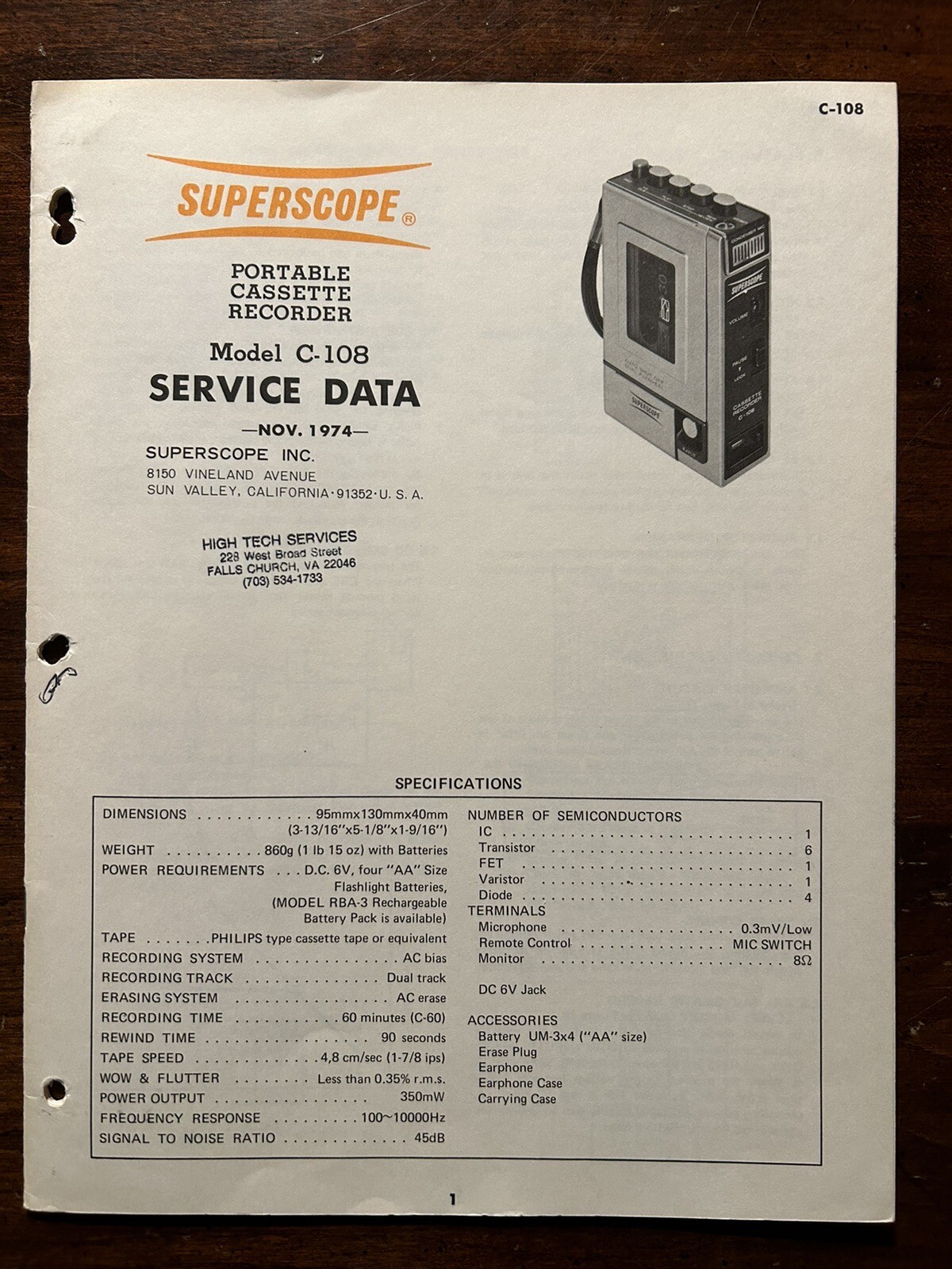 Superscope Model C-108 Portable Cassette Tape Recorder Service Data ...