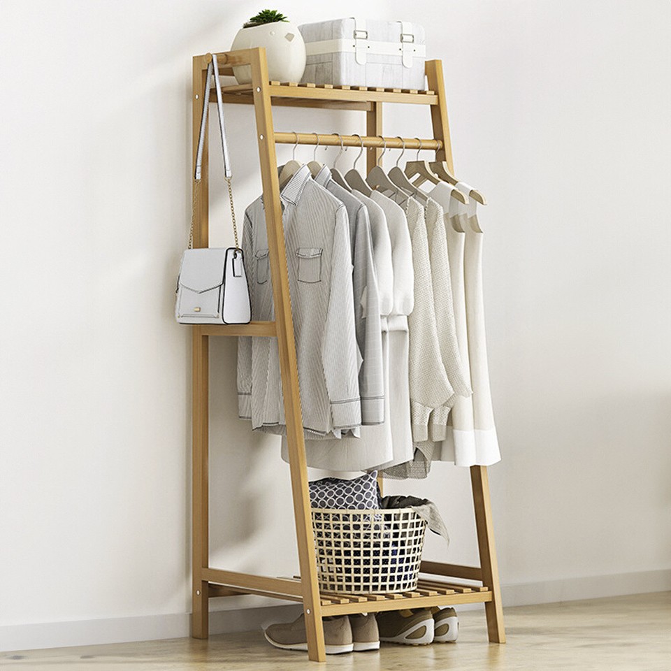 Wooden Clothes Rail Rack Garment Stand Corner Open Wardrobe w/ Bottom ...
