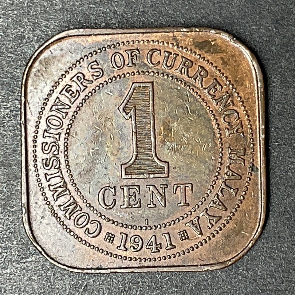 MALAYA 1941 Coin 1 Cent King George VI Bronze Square Malaysia World ...