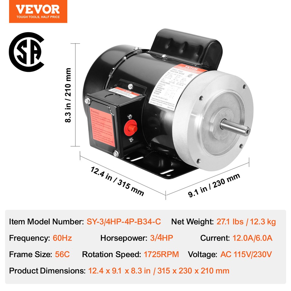 VEVOR 3/4 HP Electric Motor 1725RPM 56C Frame 1-Phase 5/8" Key Shaft ...
