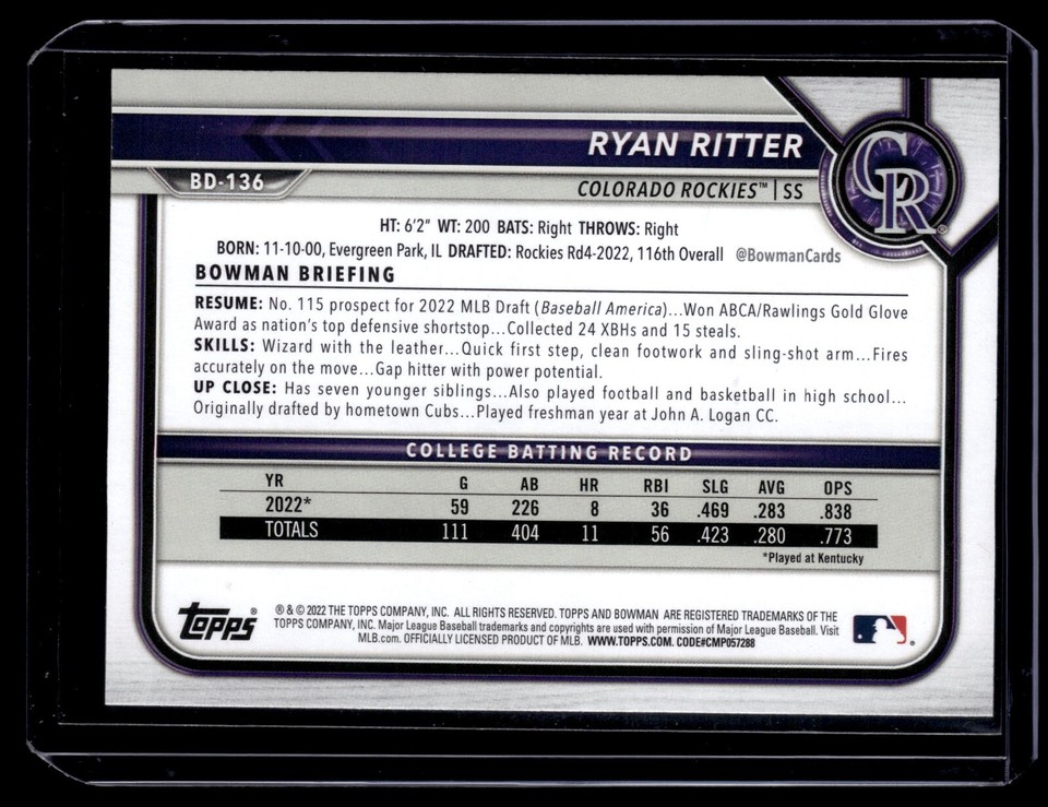 RYAN RITTER 2022 Bowman Draft Colorado Rockies - #BD-136 | eBay