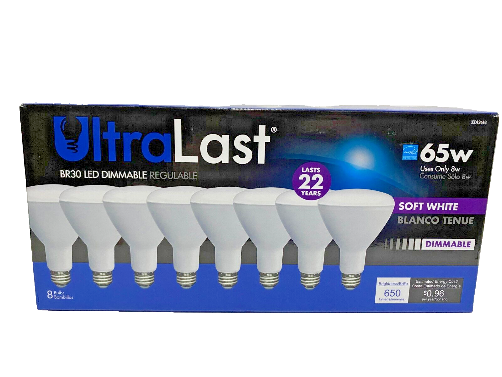 UltraLast Br30 Led Light Bulbs 65W Soft White 8 Pack 2700K Energy ...