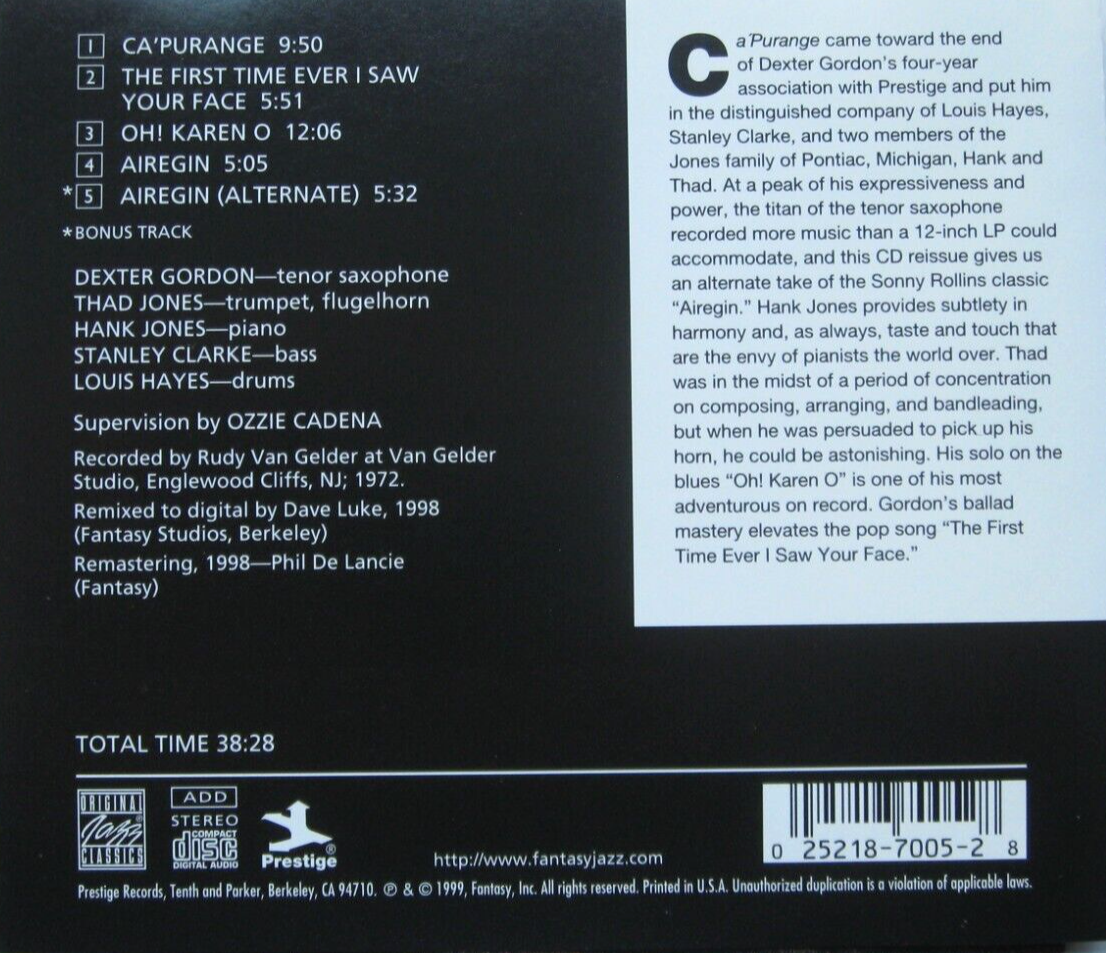 Ca'Purange by Dexter Gordon (CD, Feb-1999, Original Jazz Classics) for ...