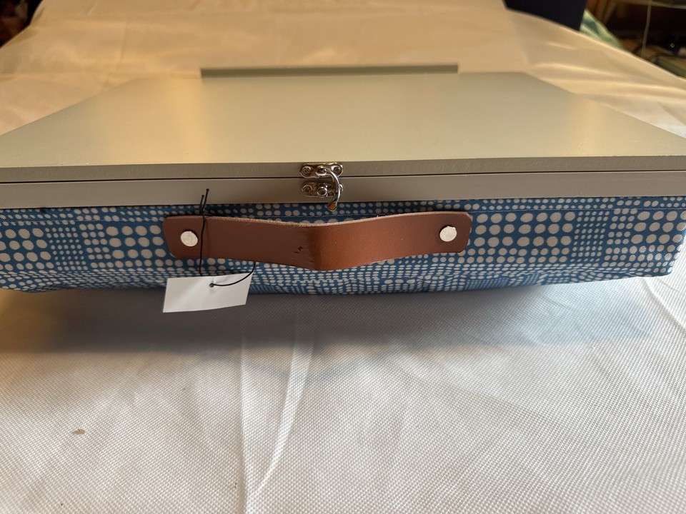 Paper Source Laptop Lap Desk with Tray Blue Pattern Faux Leather Handle ...