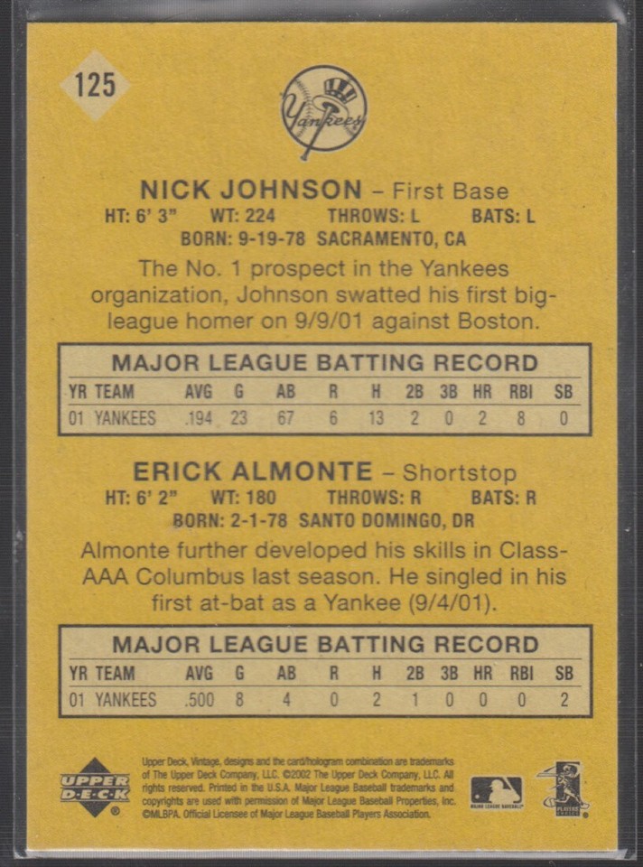 ERICK ALMONTE 2002 Upper Deck Vintage #125 Yankees TTM/IP Signed ...