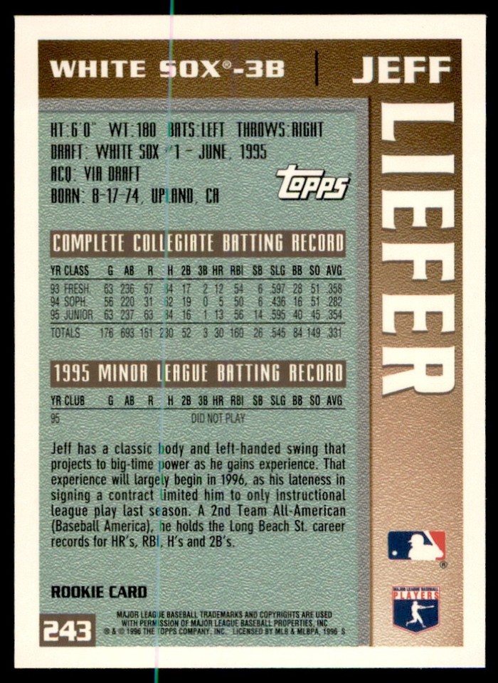 1996 TOPPS JEFF LIEFER RC CHICAGO WHITE SOX #243 | eBay