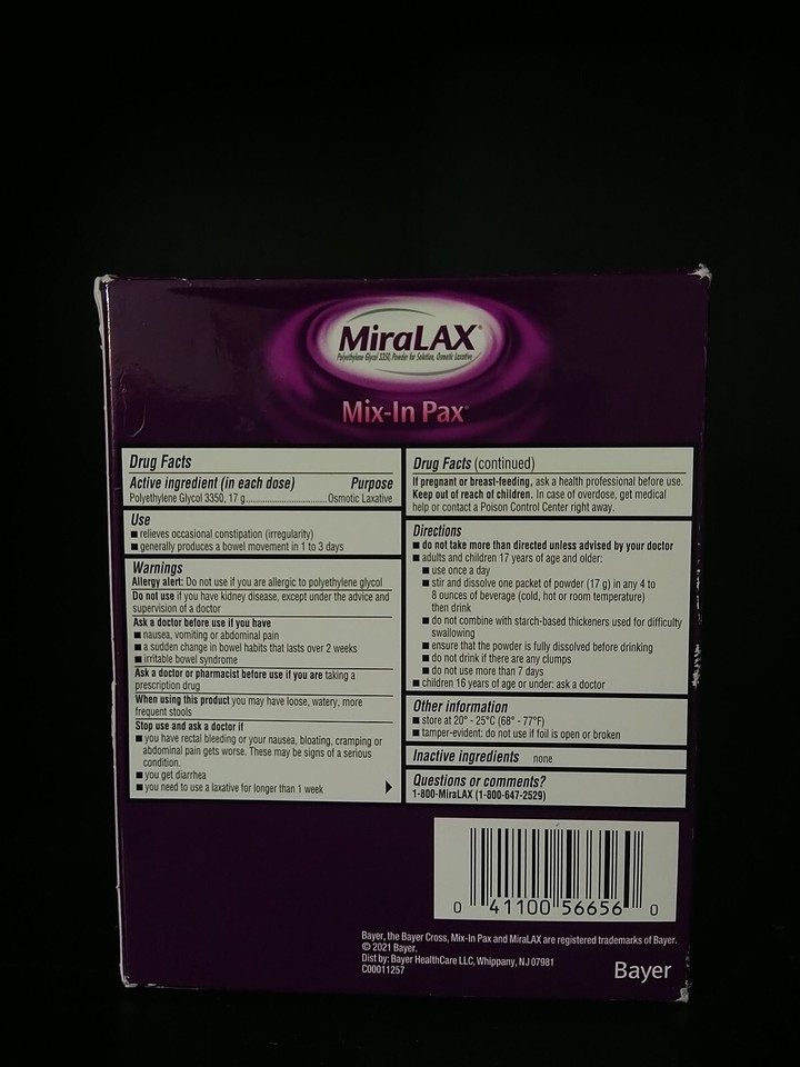 MiraLAX Osmotic Laxative Powder Mix-In Pax 20 Each By Bayer | eBay