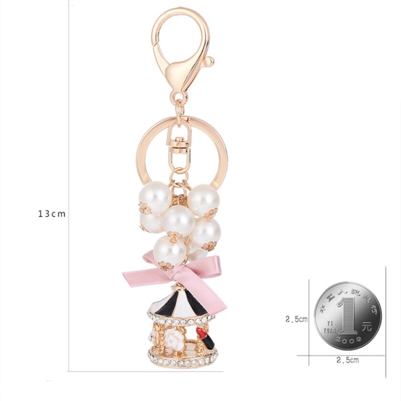 Pink/Blue/Black Carousel Keychain Womens Gold Car Key Ring White Pearl ...