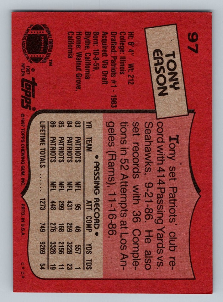 1987 Topps #97 Tony Eason New England Patriots | eBay