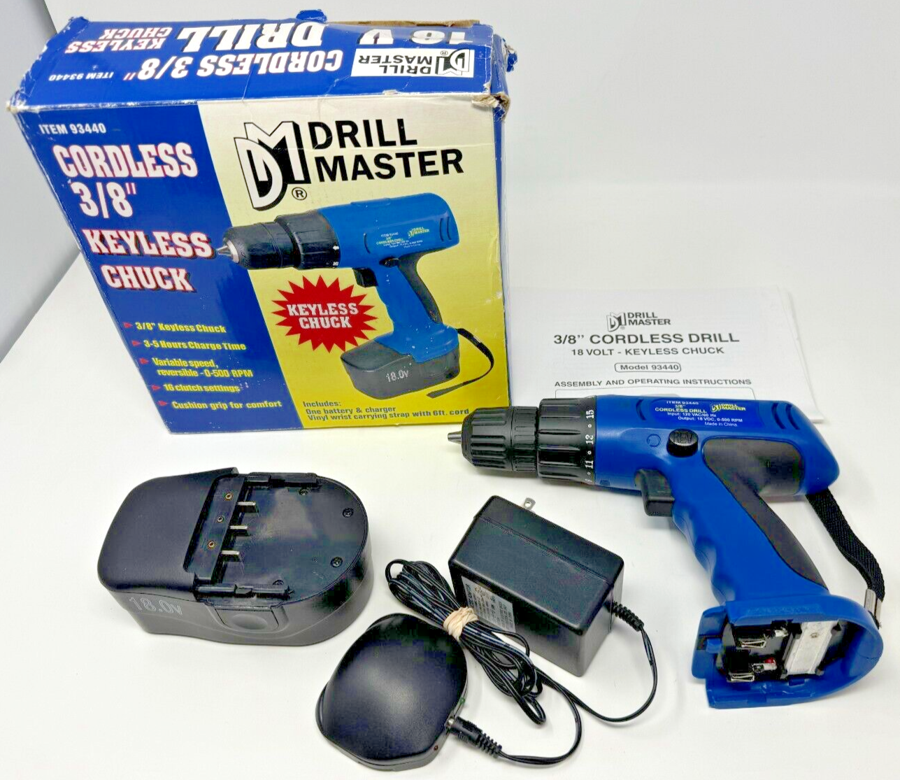 Drill Master 18V Cordless 3/8” Keyless Chuck Drill #93440 Charger ...