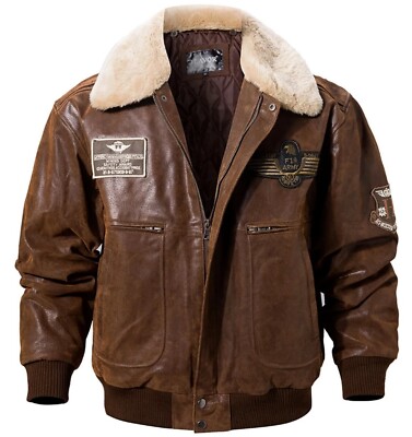 Men's A2 Aviator Bomber Leather Jacket With Removable FUR Collar ...