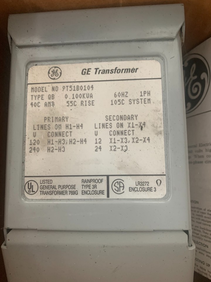 GE BUCK BOOST TRANSFORMER 9T51B0104 0.100KVA 120X240 Pri / 12/24 NEW ...