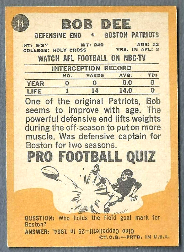 Bob Dee 1967 Topps Boston Patriots Card # 14 EX | eBay