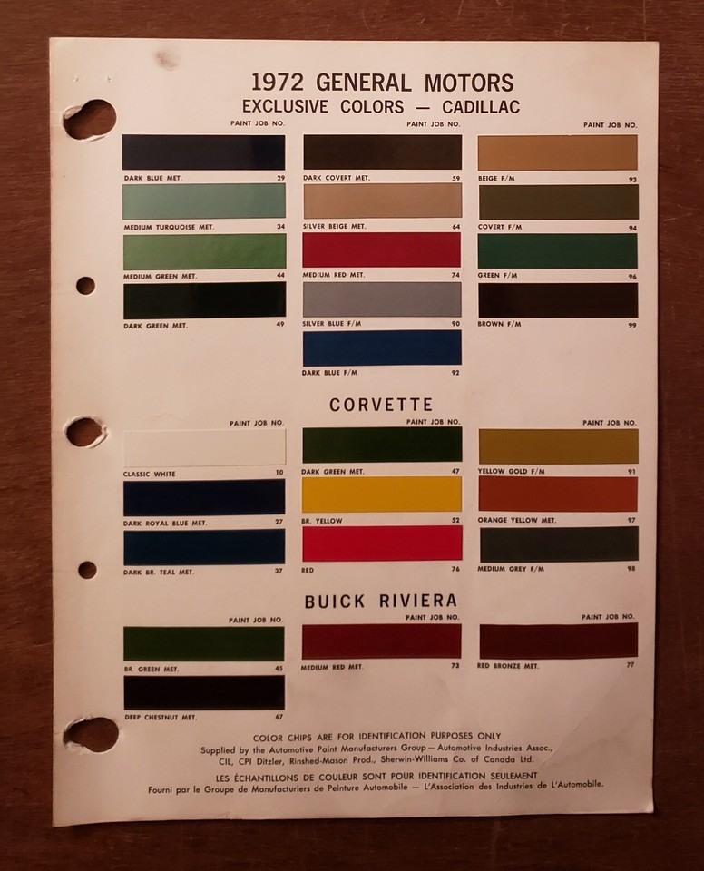 1972 GM Passenger Automotive Color Chips Chart Paint Codes Canada & USA ...