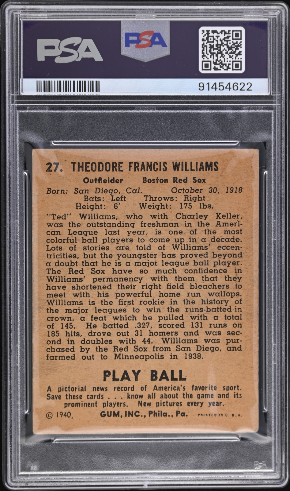 1940 Play Ball Ted Williams #27 PSA 2 DNA 9 Auto Signature Best Looking ...