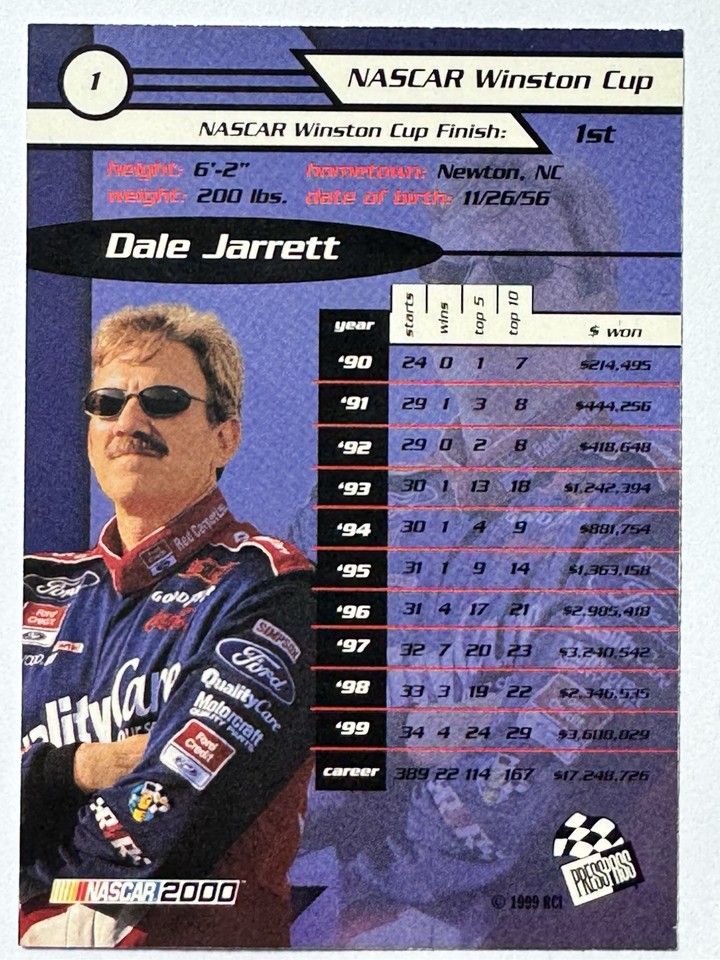 HOF'er DALE JARRETT 2000 Press Pass NASCAR Racing Card #1 | eBay