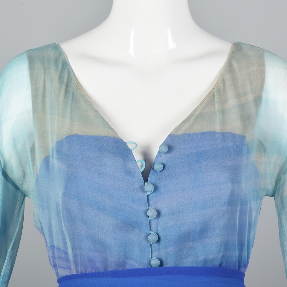 S Travilla Flowy Silk Maxi Dress Formal Evening Gown Blue Full Length ...