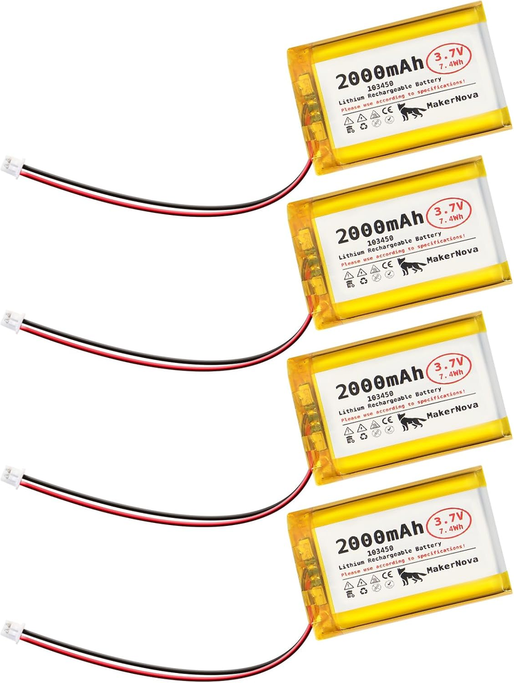 3.7V 103450 2000Mah Lipo Battery, 1S 3C Rechargeable, Micro JST 1.25 ...