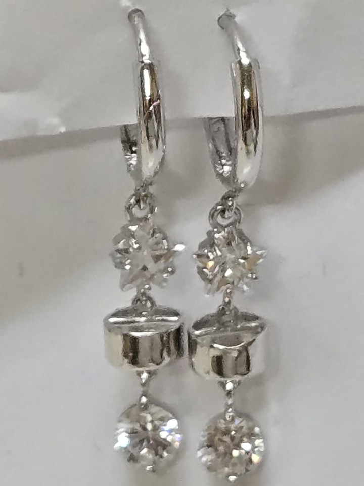 Dangling CZ Huggie Earrings 14k White Gold Star Shape N Round CZ Stone ...