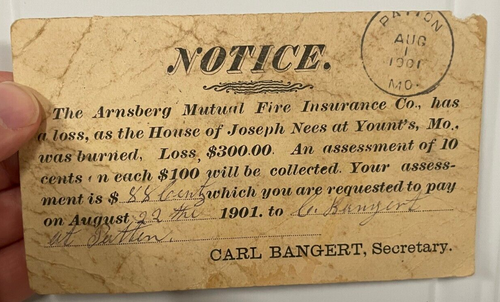 Antique Arnsberg Fire Ins Co Insurance Card 1901 Joseph Nees Younts MO ...