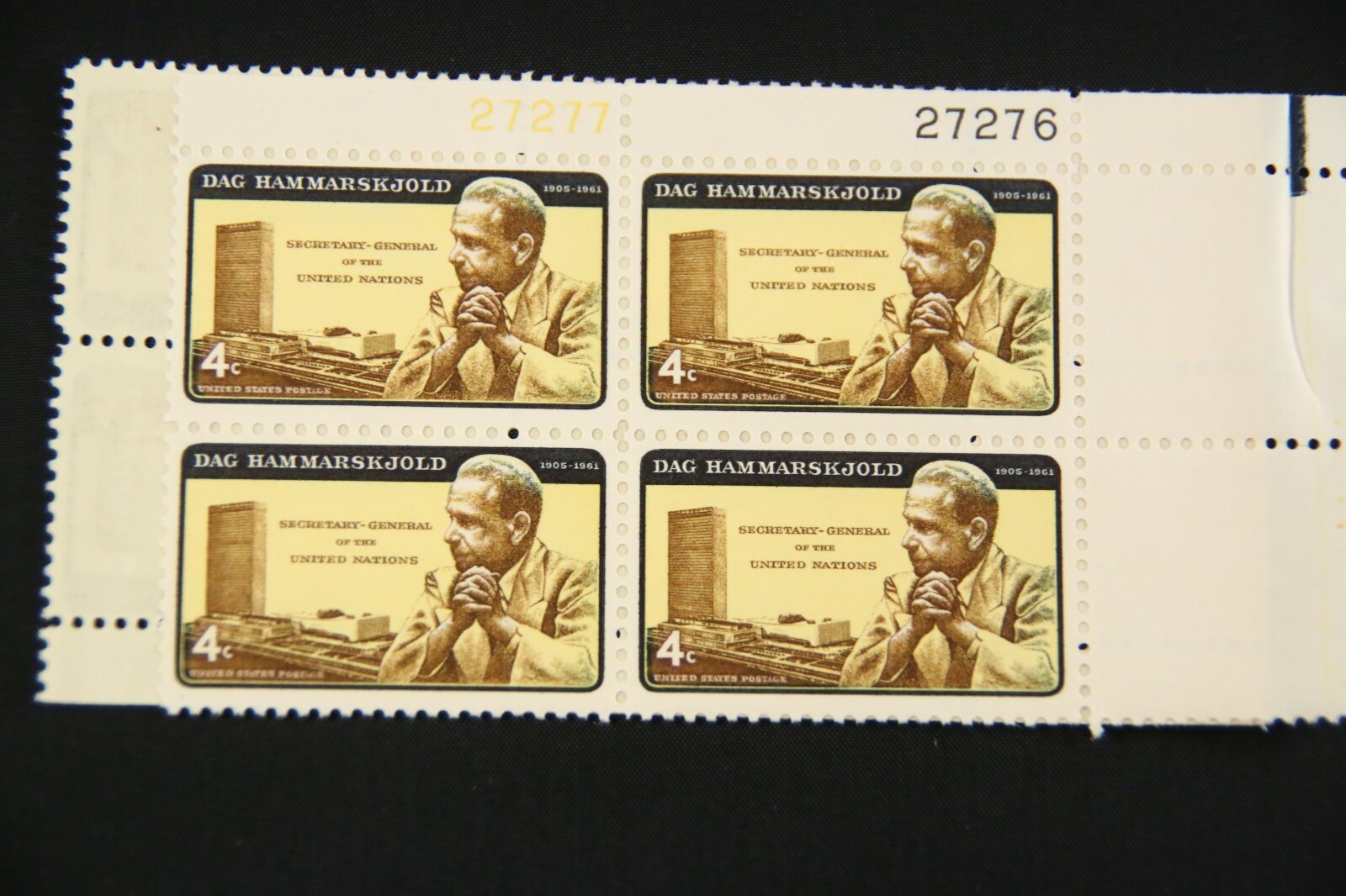 US Stamp 4c Dag Hammarskjold - 2 Plate Blocks 8 Stamps Gum Adhered ...
