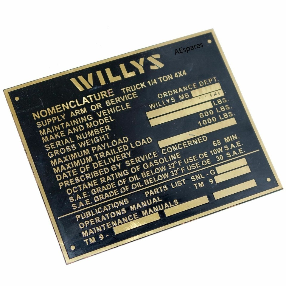 Dash Data Plate 3 Unit Brass Black For Jeeps Willys Ford CJ2A CJ3A CJ3 ...