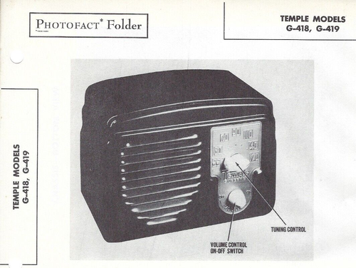 1947 Temple G-418 419 Tube Radio Receiver Photofact Repair Manual Spec ...