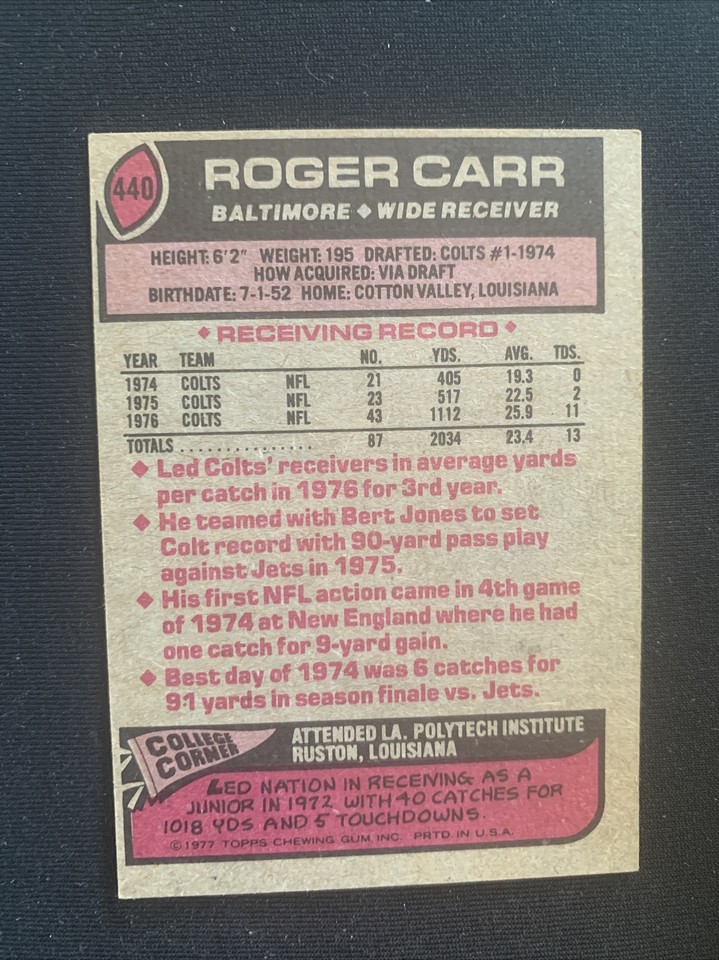 1977 Topps Football Card #440 Roger Carr All Pro Baltimore Colts NmMt ...