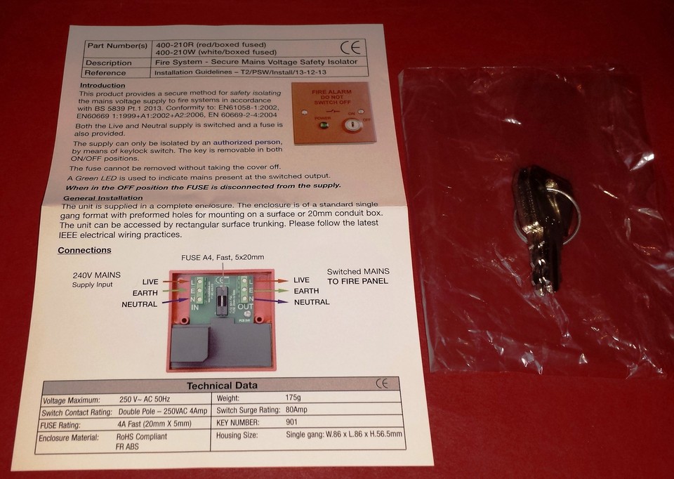 Fire Alarm Mains Isolation Key Switch Fused Spur BS5839 in WHITE Fire ...