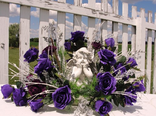 Angel Funeral Sympathy Flowers Purple Roses White Silver Centerpiece ...