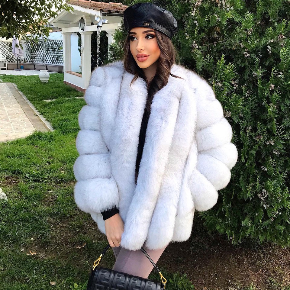 Women Full Pelt Natural White Real Fox Fur Coat Hooded Jacket Overcoat ...