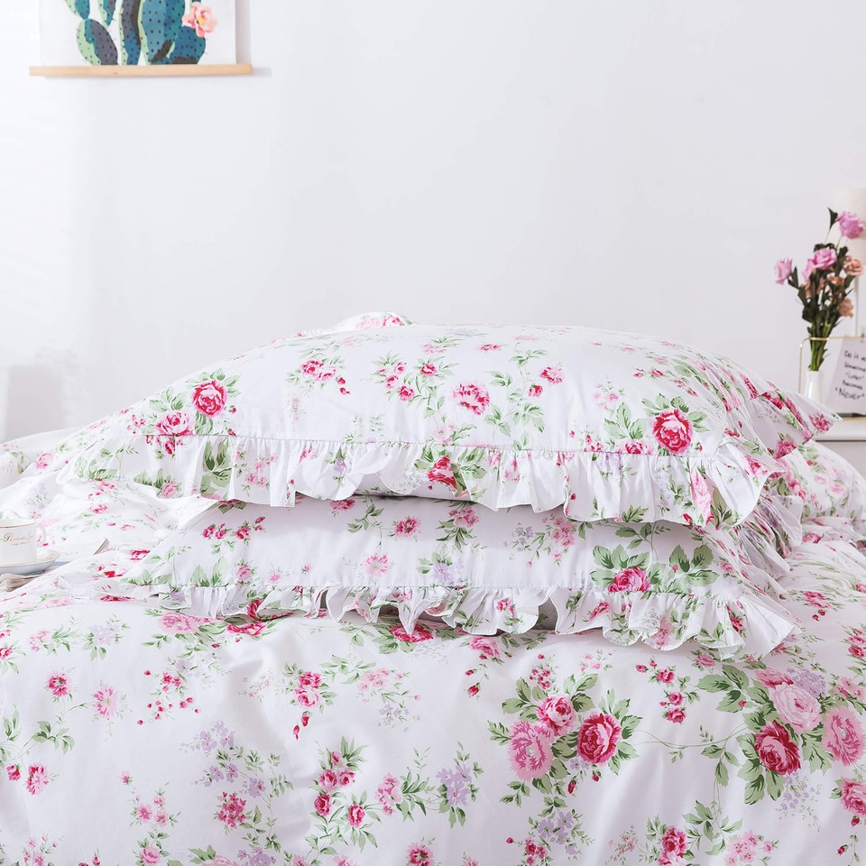 Shabby Pink Rose Pillowcases with Lace Ruffles - Vintage Floral Bedding ...