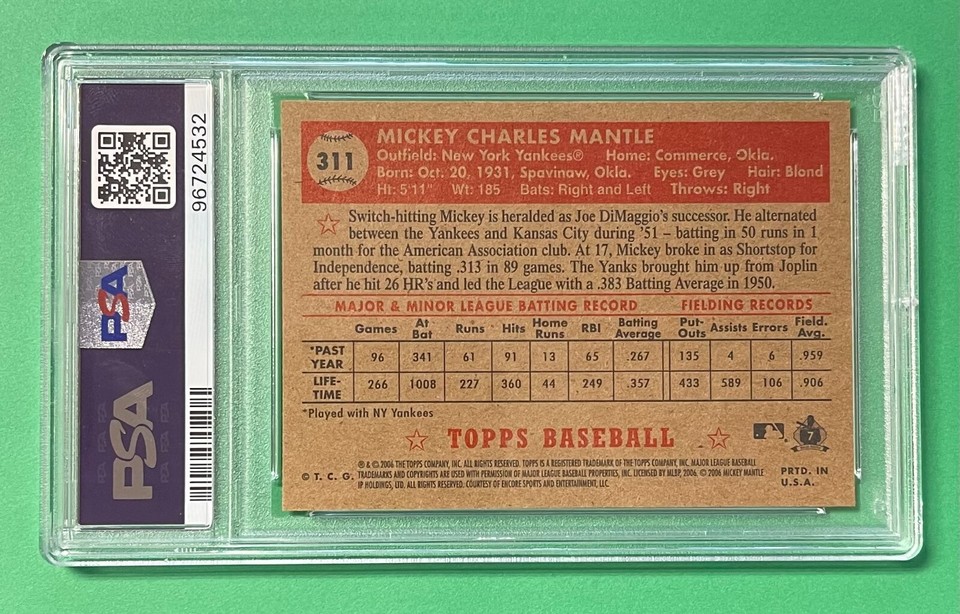2006 TOPPS '52 MICKEY MANTLE GREEN #311 PSA 10 1952 TOPPS DESIGN ...