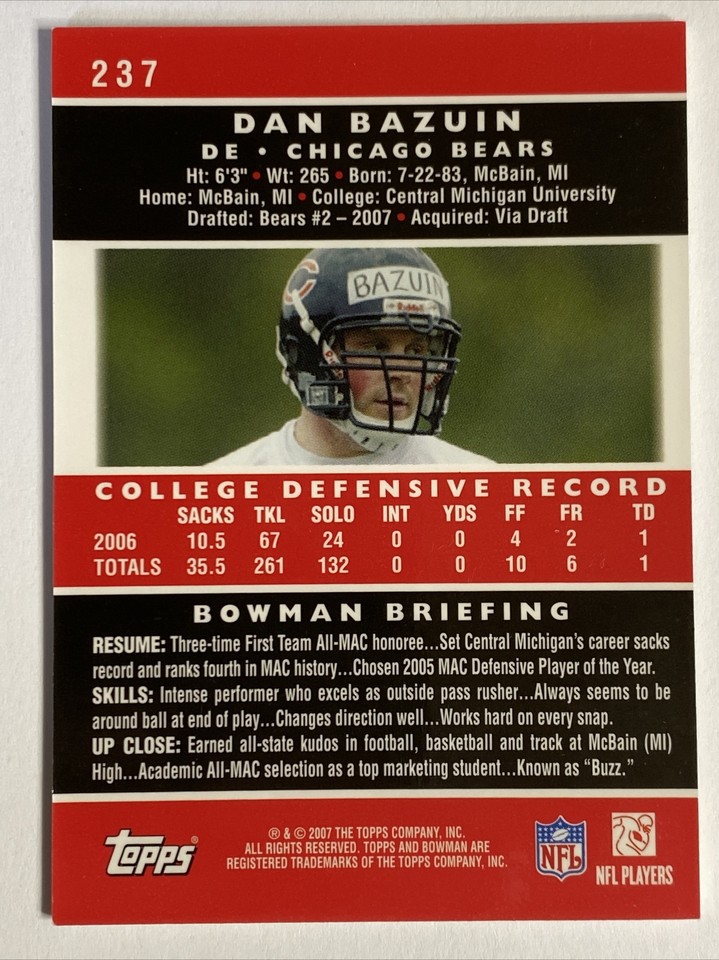 2007 Bowman Football Gold Parallel #237 Dan Bazuin Chicago Bears RC | eBay