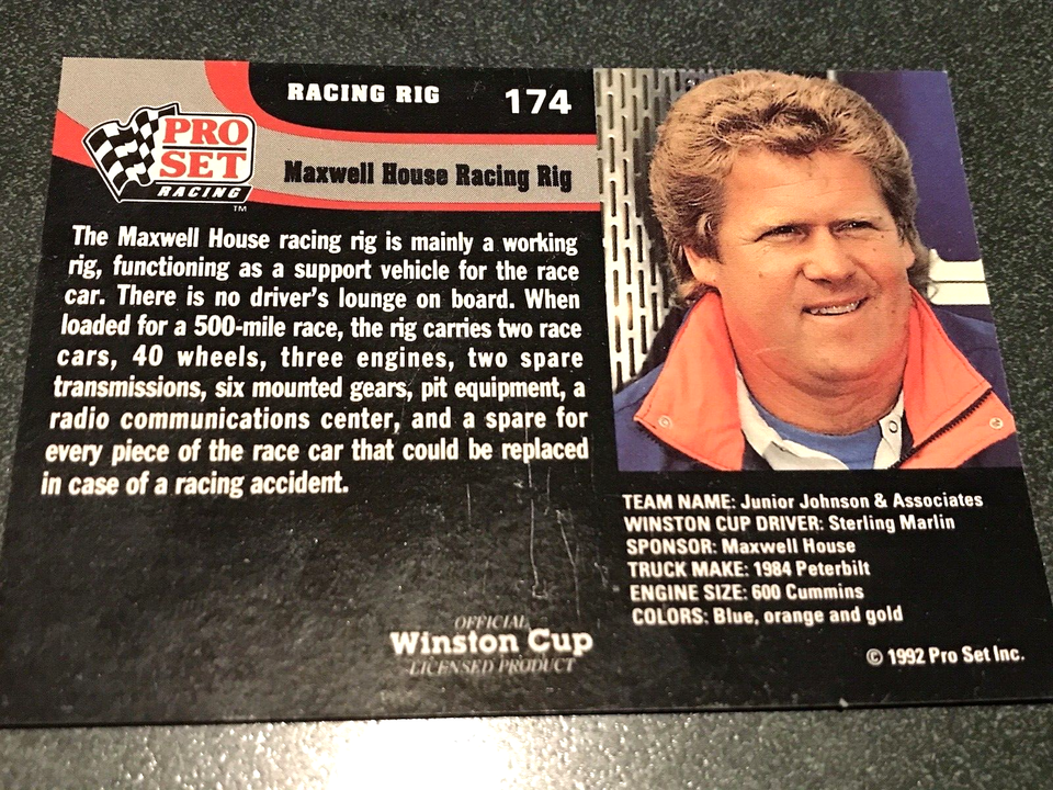 Car 22 Rig #174 Pro Set Racing Card 1992 Pro Set Official Winston Cup ...