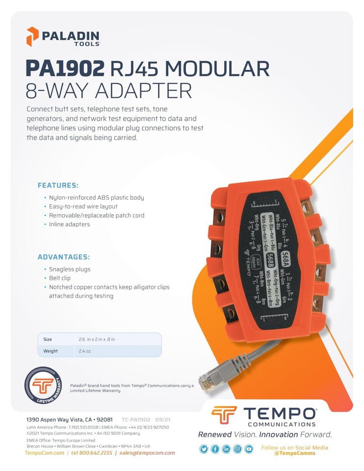 PA1902 RJ45 Modular Adapter, 8 Way | CAT4-CAT6 RJ45 LANs | Notched ...